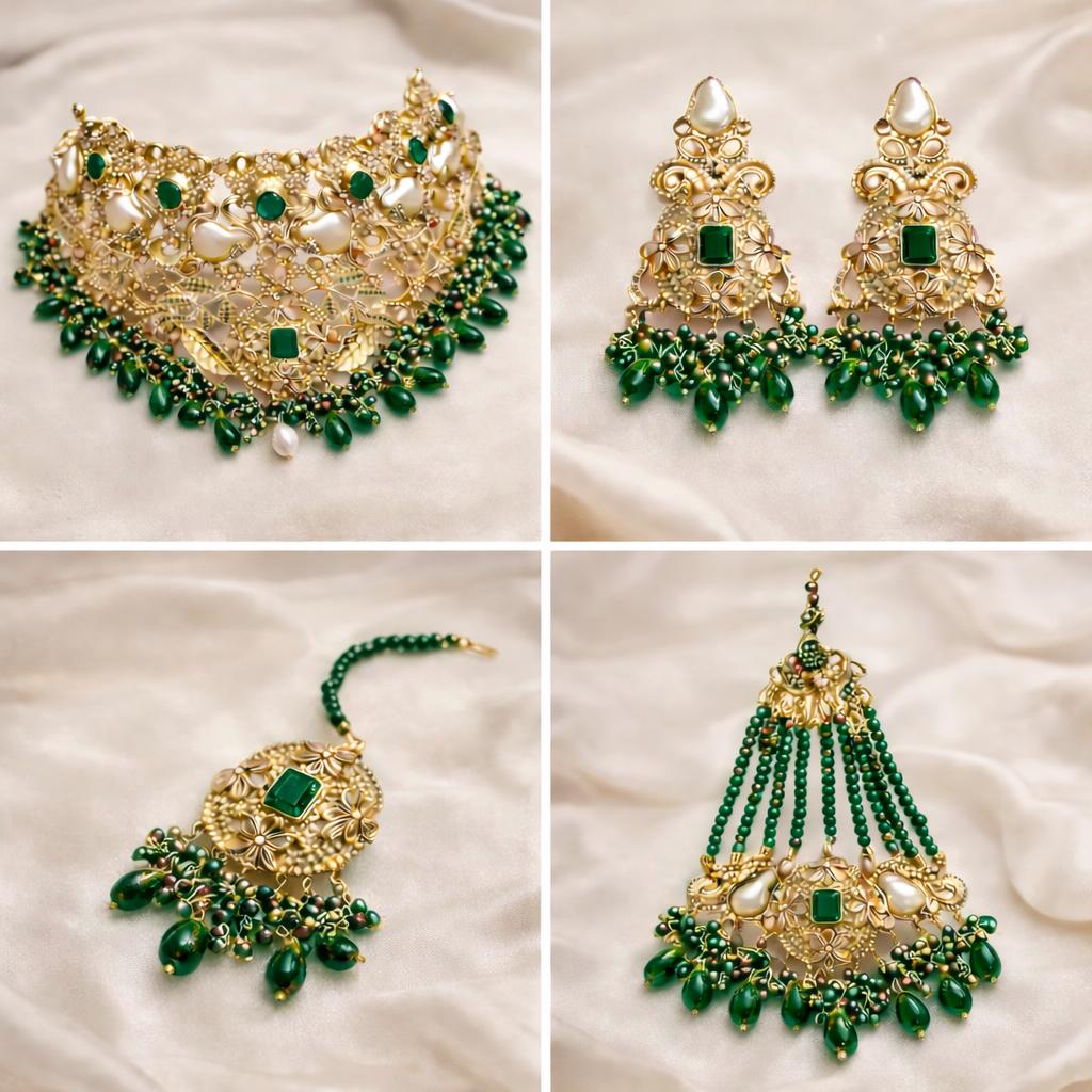 Hand Made Rajwadi Bridal Set-06 (Green) – Rawayat Jewellery